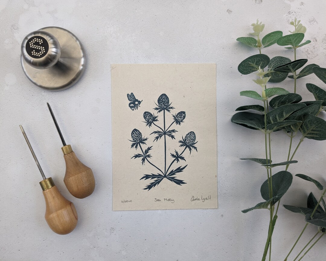 Sea Holly Botanical Linocut Print, Botanical Art, Floral Prints - Etsy