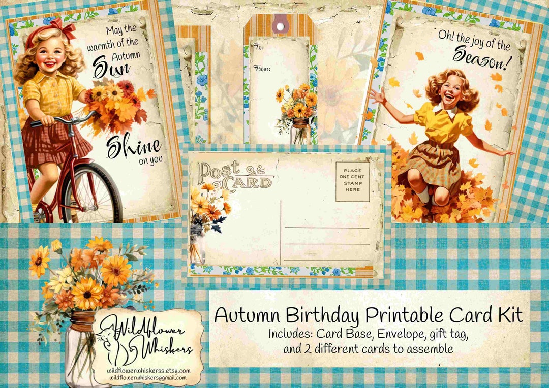 Autumn Birthday Printable Card Kit, Birthday Greeting Card, Autumn ...