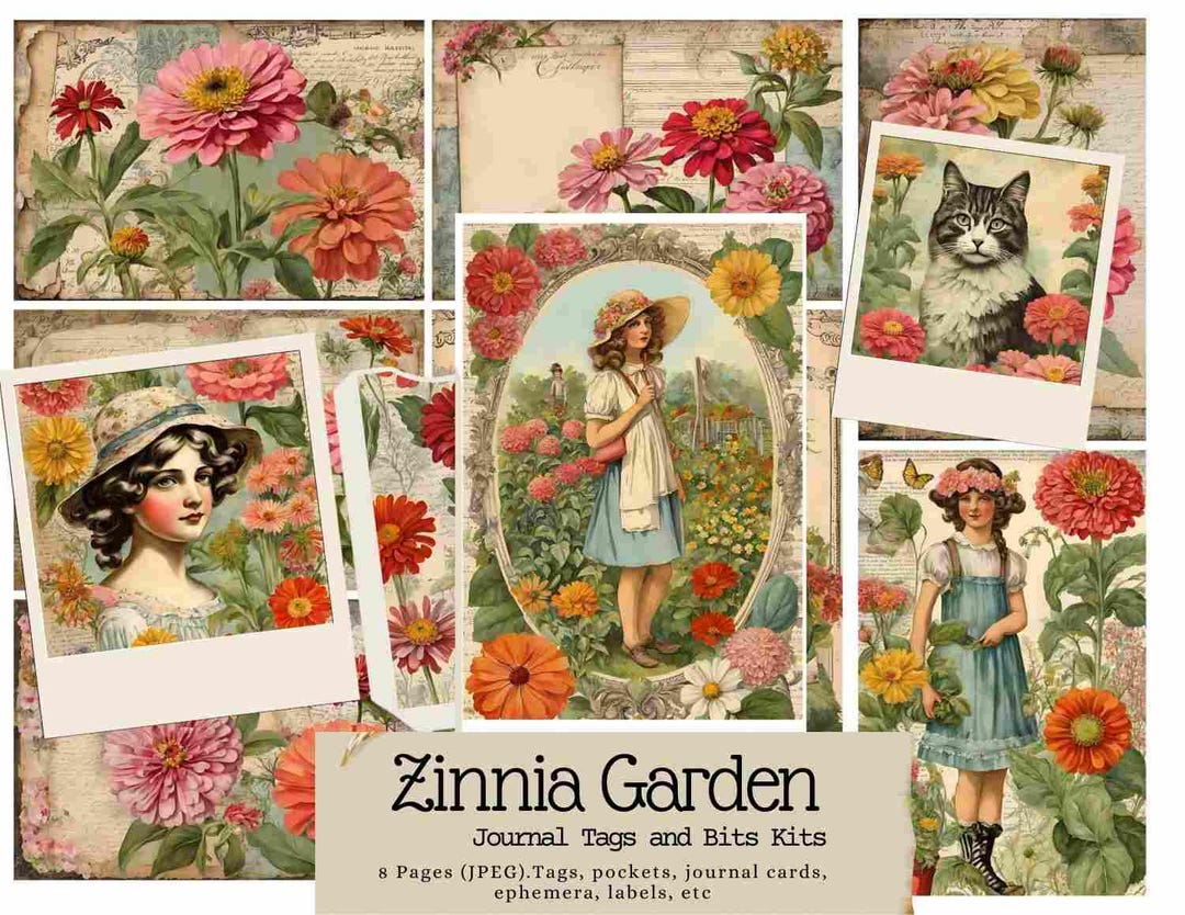 Zinnia Garden Journal Tags Kit, Shabby Chic Floral Ephemera (digital ...