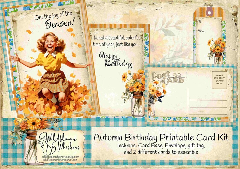 Autumn Birthday Card Printable Kit, Greeting Cards, Gift Tags (digital ...