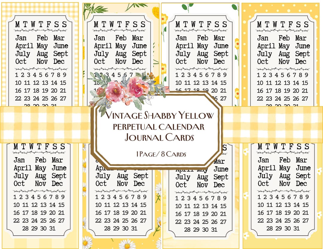 Vintage Shabby Yellow Perpetual Calendar Journal Cards, Junk Journal ...