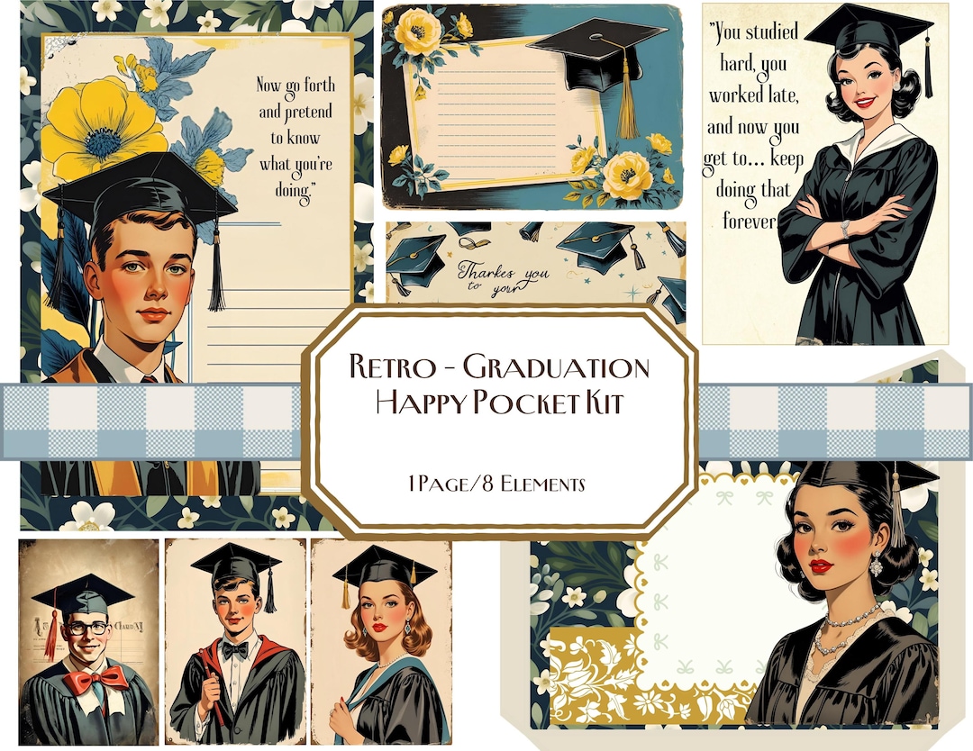 Retro Graduation Happy Pocket Kit, Collage, Journal Tags, Junk Journal ...