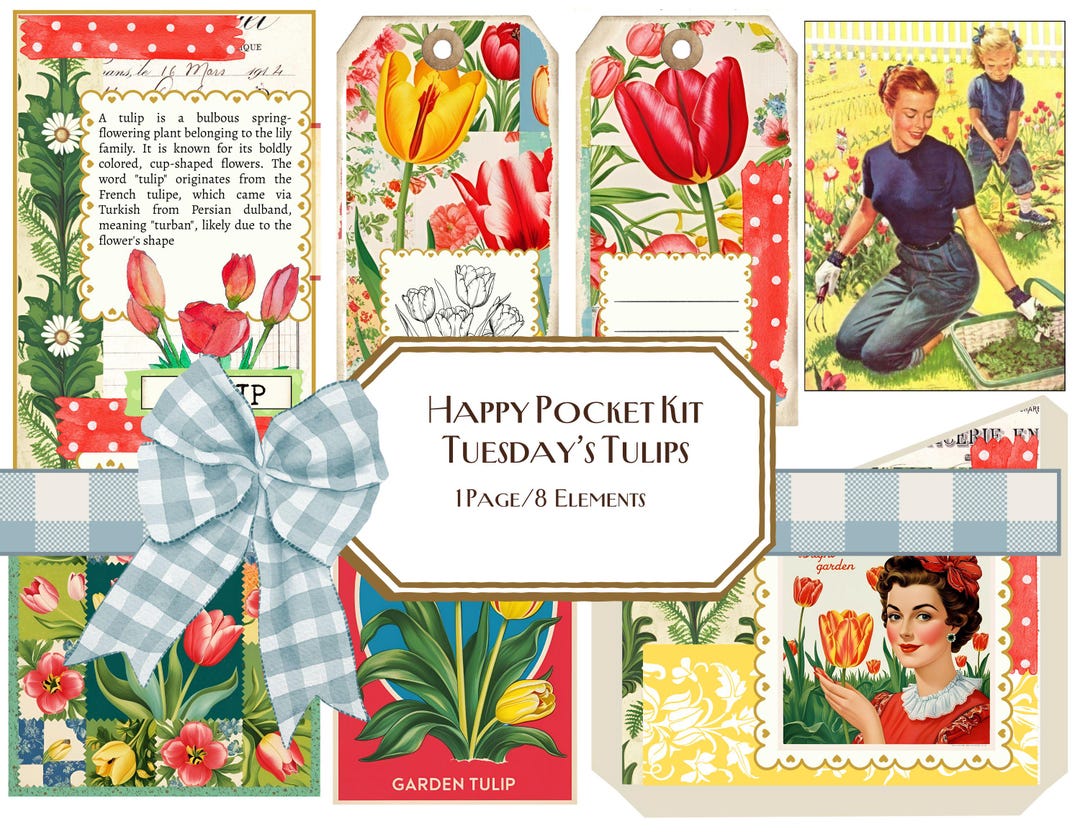 Tuesday Tulips Happy Pocket Kit, Collage, Journal Tags, Junk Journal ...