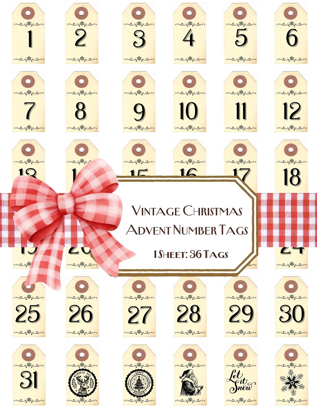 Vintage Christmas Advent Calendar Number Tags, December Daily (JPEG) - Etsy