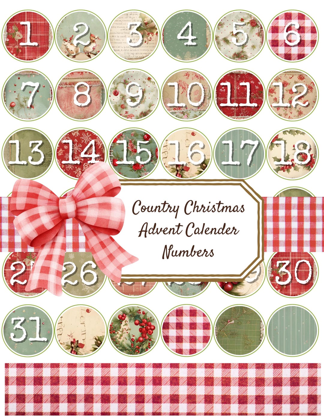 Shabby Chic Christmas Advent Calendar Numbers, Gift Tags (digital ...