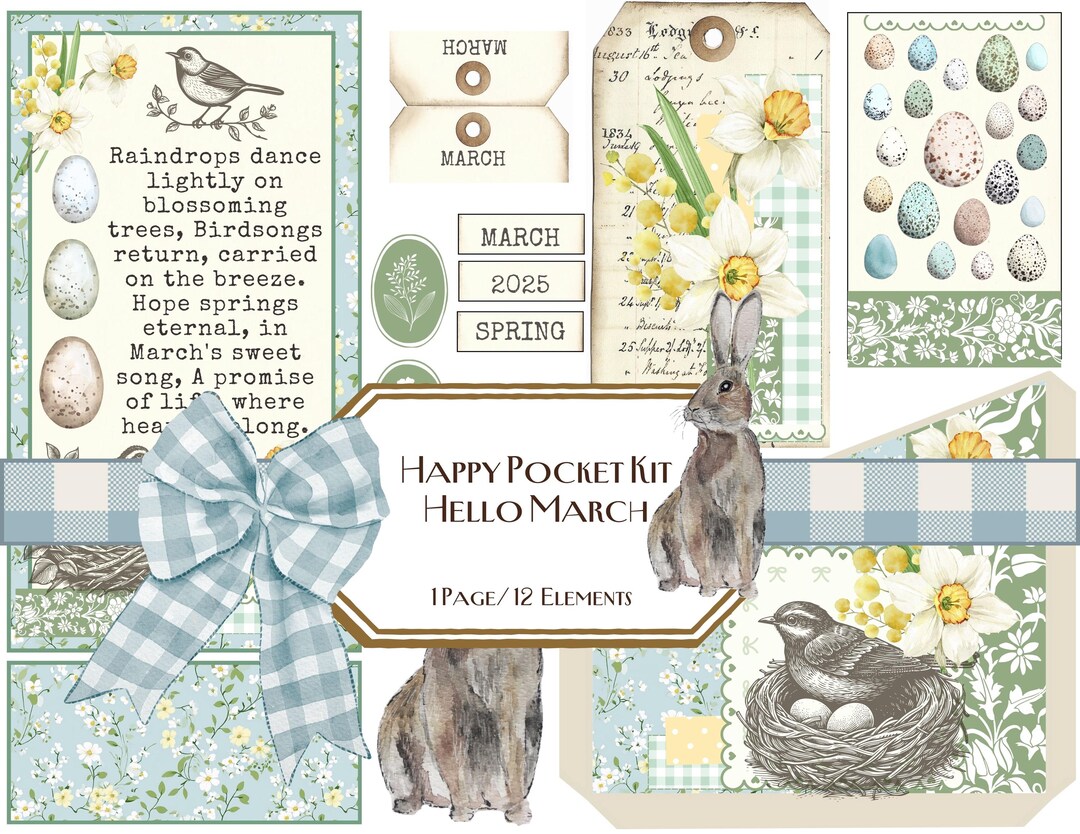 March Happy Pocket Kit, Collage, Journal Tags, Easter, Spring, Junk ...