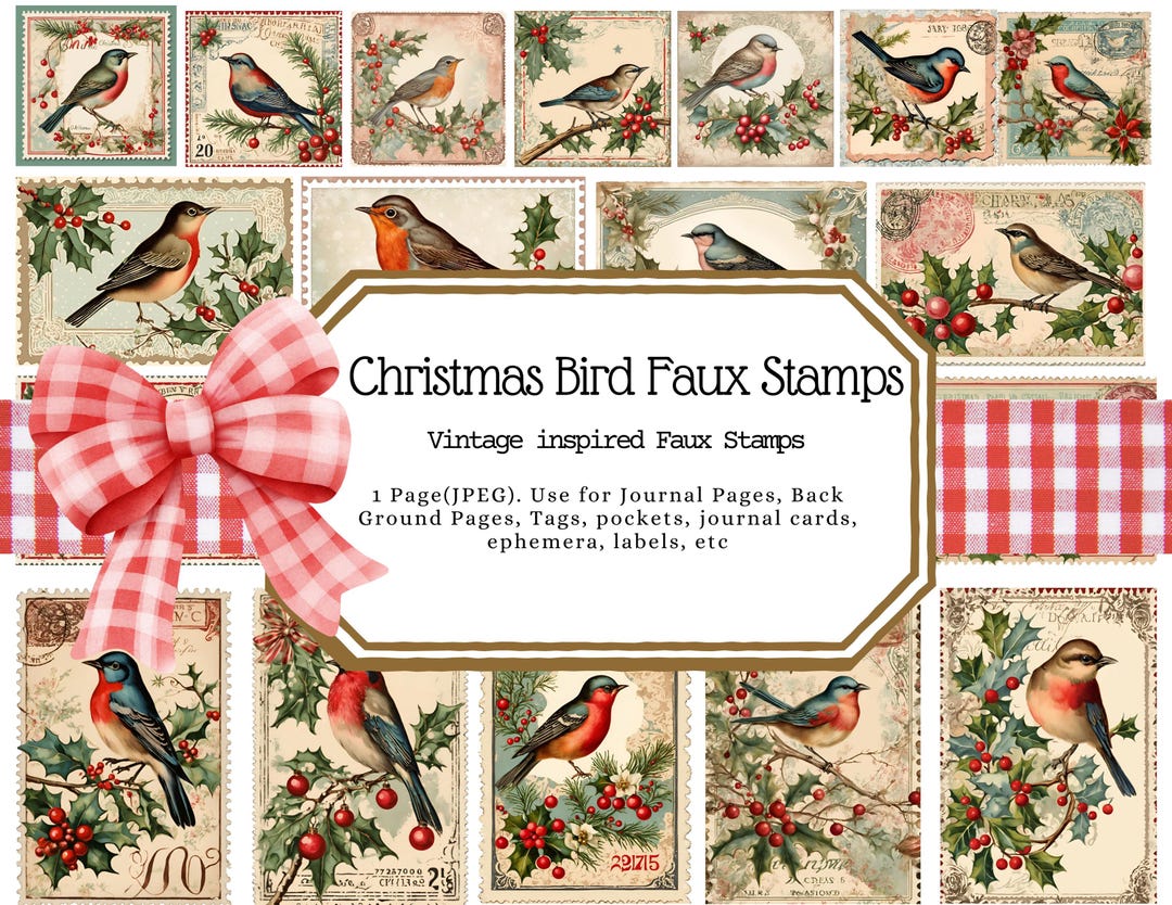 Vintage Christmas Bird Faux Stamps, Shabby Chic, Gift Tags, Junk ...