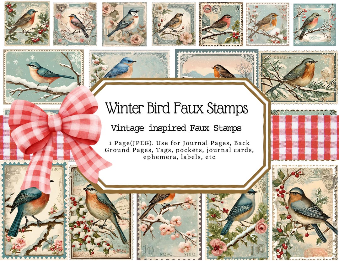 Vintage Winter Bird Faux Stamps, Shabby Chic Ephemera (JPEG) - Etsy