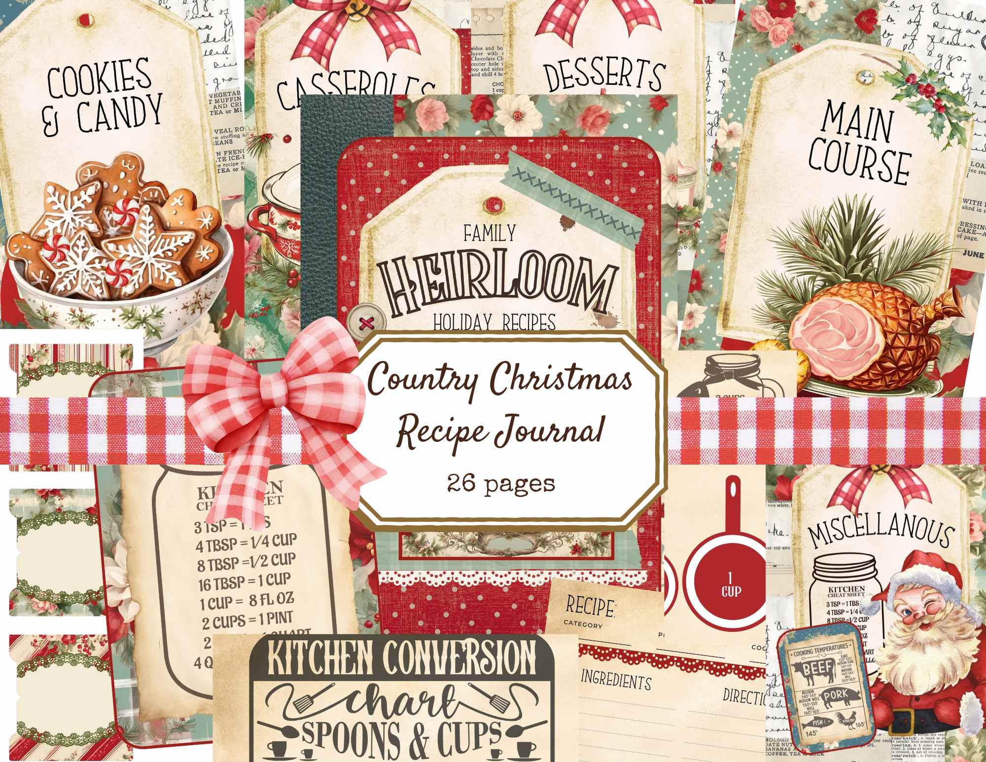 Country Christmas Recipe Journal Kit, Shabby Chic Ephemera (digital ...