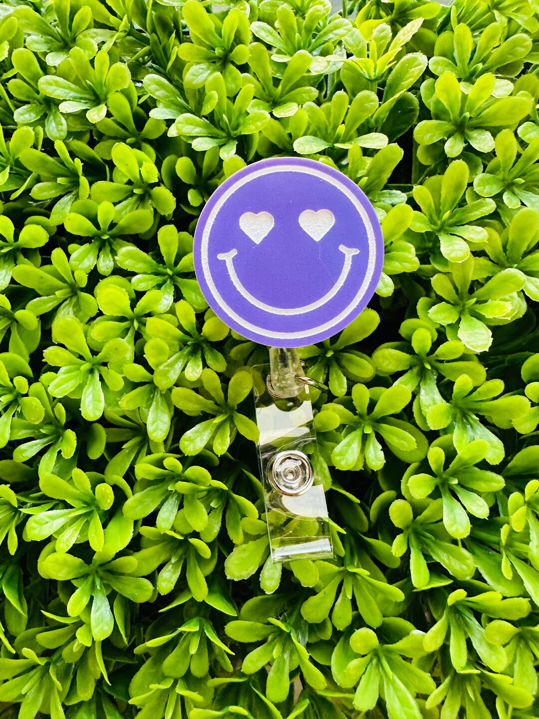 Smiley Face, Purple Heart Eyes Engraved Badge, Teacher Badge Reel ...
