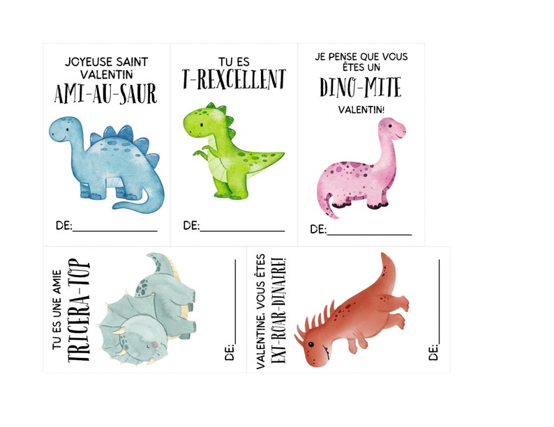 Printable French Kids Valentine's Cards Dinosaurs Digital DIY Download ...