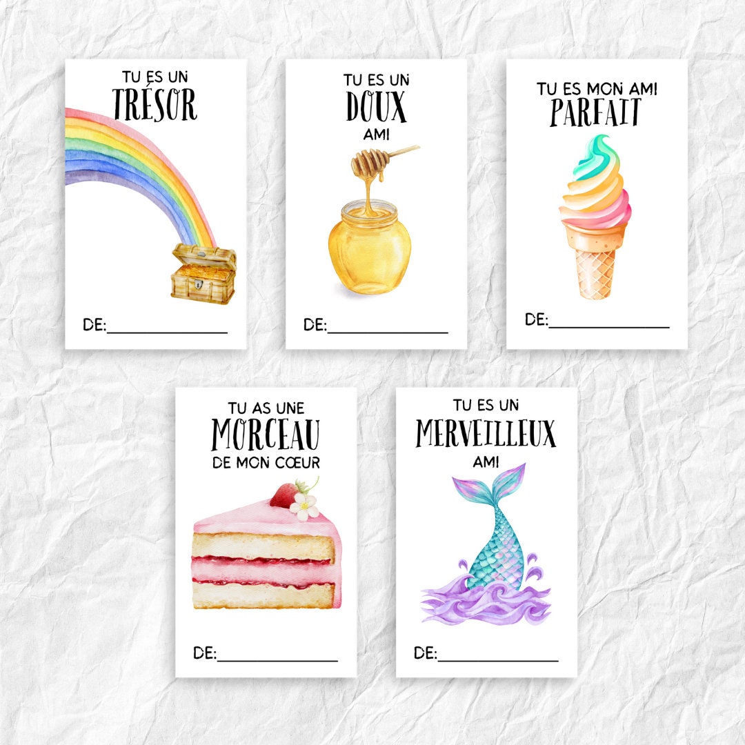 Printable French Valentine Cards for Kids, Rainbow & Mermaid (digital ...