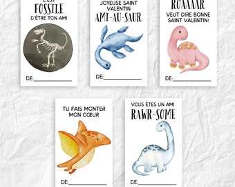 Printable French Kids Valentine's Cards Dinosaurs Digital DIY Download ...