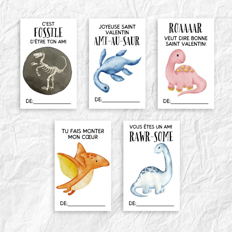 Printable French Kids Valentine's Cards Dinosaurs Digital DIY Download ...