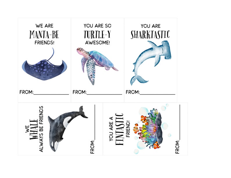 Printable Ocean & Sea Valentines for Kids Shark Whale Turtle Ray Cute ...