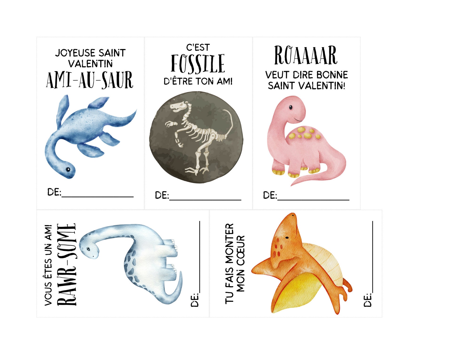 Printable French Kids Valentine's Cards Dinosaurs Digital DIY Download ...