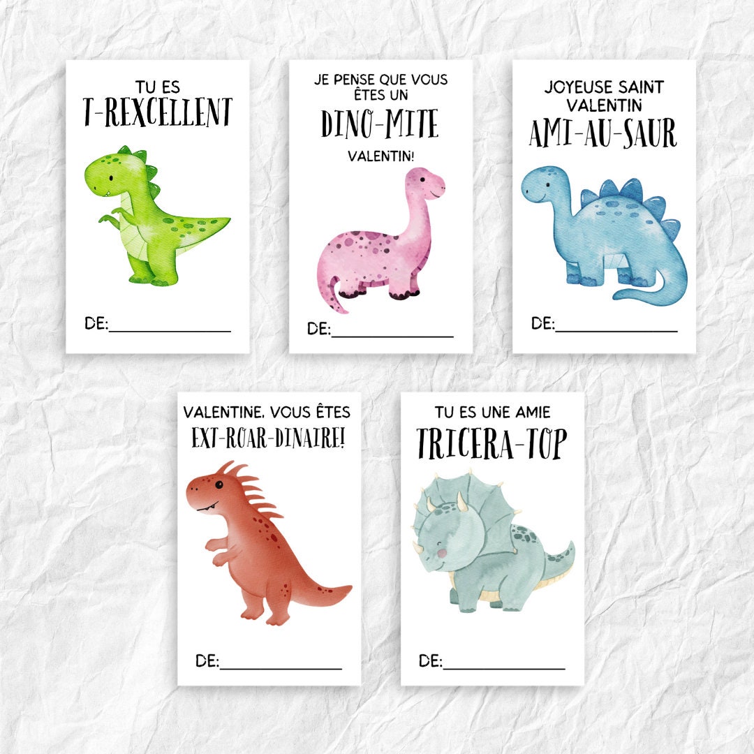 Printable French Kids Valentine's Cards Dinosaurs Digital DIY Download ...