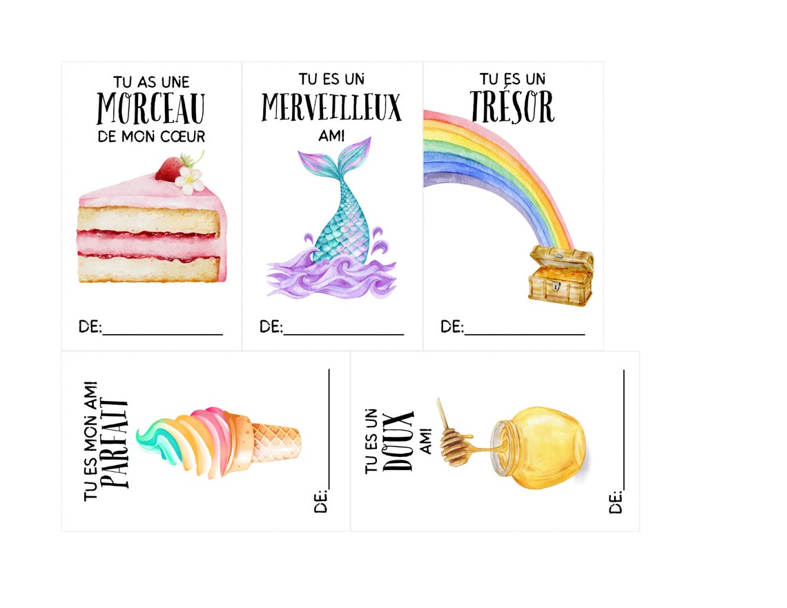 Printable French Valentine Cards for Kids, Rainbow & Mermaid (digital ...