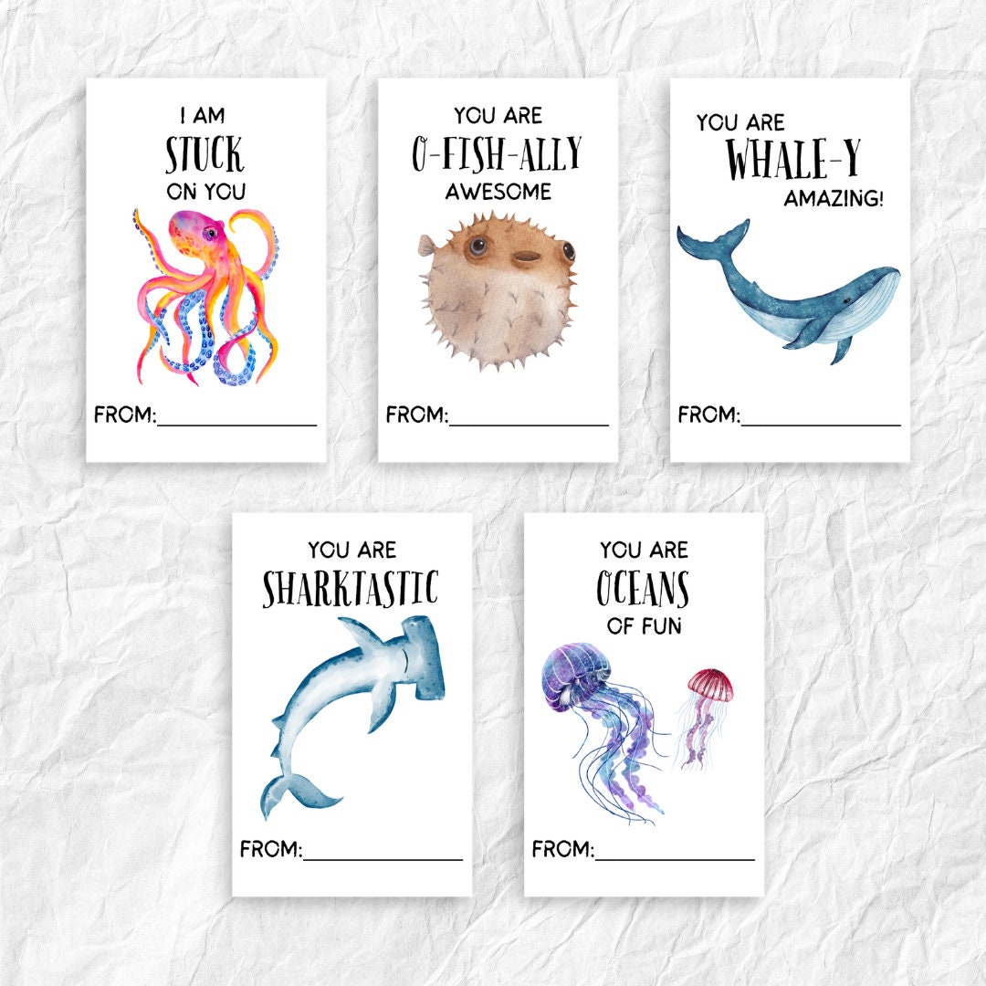 Printable Ocean & Sea Valentines for Kids Shark Whale Turtle Ray Cute ...