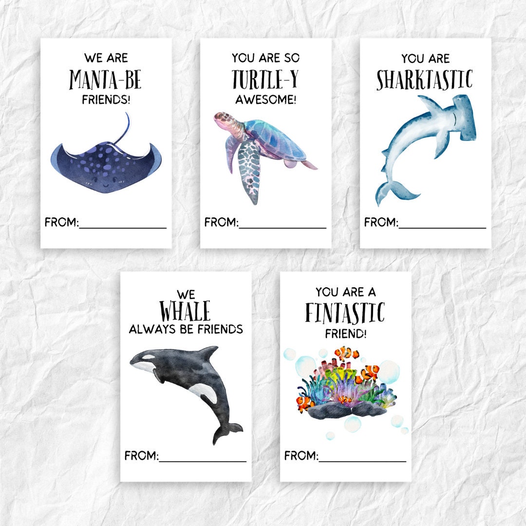 Printable Ocean & Sea Valentines for Kids Shark Whale Turtle Ray Cute ...