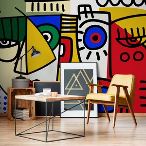 Cubism Wallpaper in Yellow, Blue, and Red on Cream - Peel and Stick ...