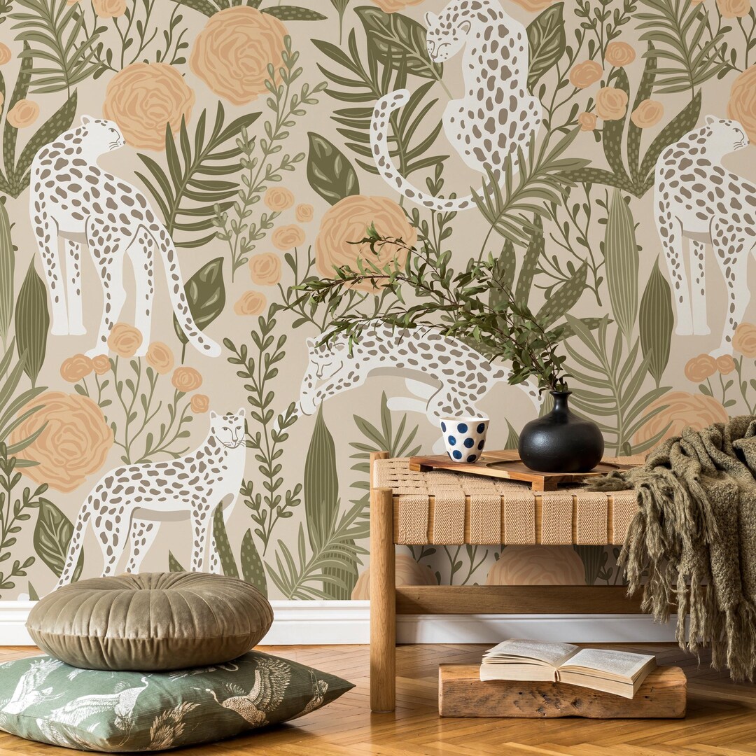 Tropical Wallpaper Featuring Leopards Among Lush Florals in Green ...
