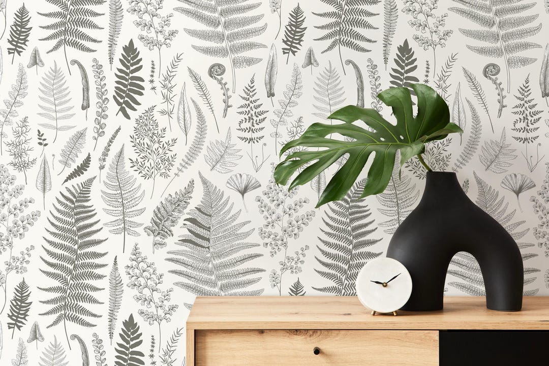 Botanical Fern Gray Leaves Wallpaper - D066 - Etsy