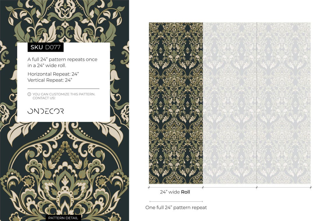 Green Damask Vintage Scroll Botanical Baroque Wallpaper - D077 - Etsy