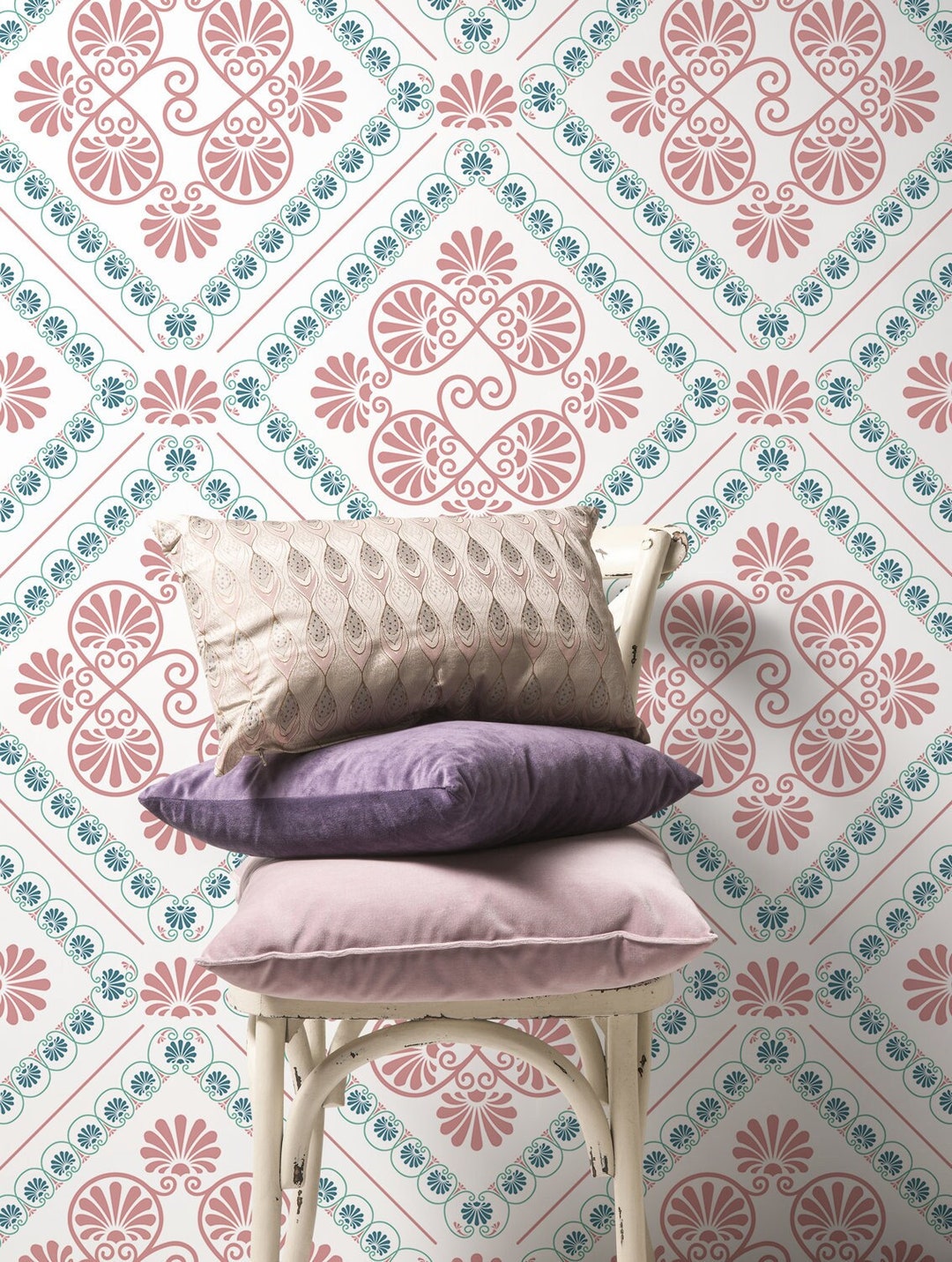 Pink and Blue Retro Tile Wallpaper / Peel and Stick Wallpaper Removable ...