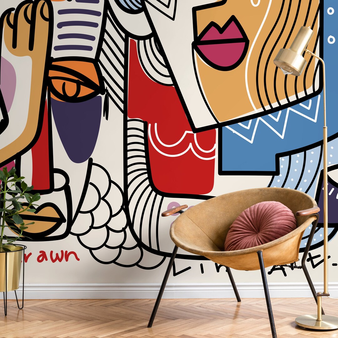 Colorful Abstract Mural Line Art Faces Wallpaper Hand Drawing Wallpaper ...