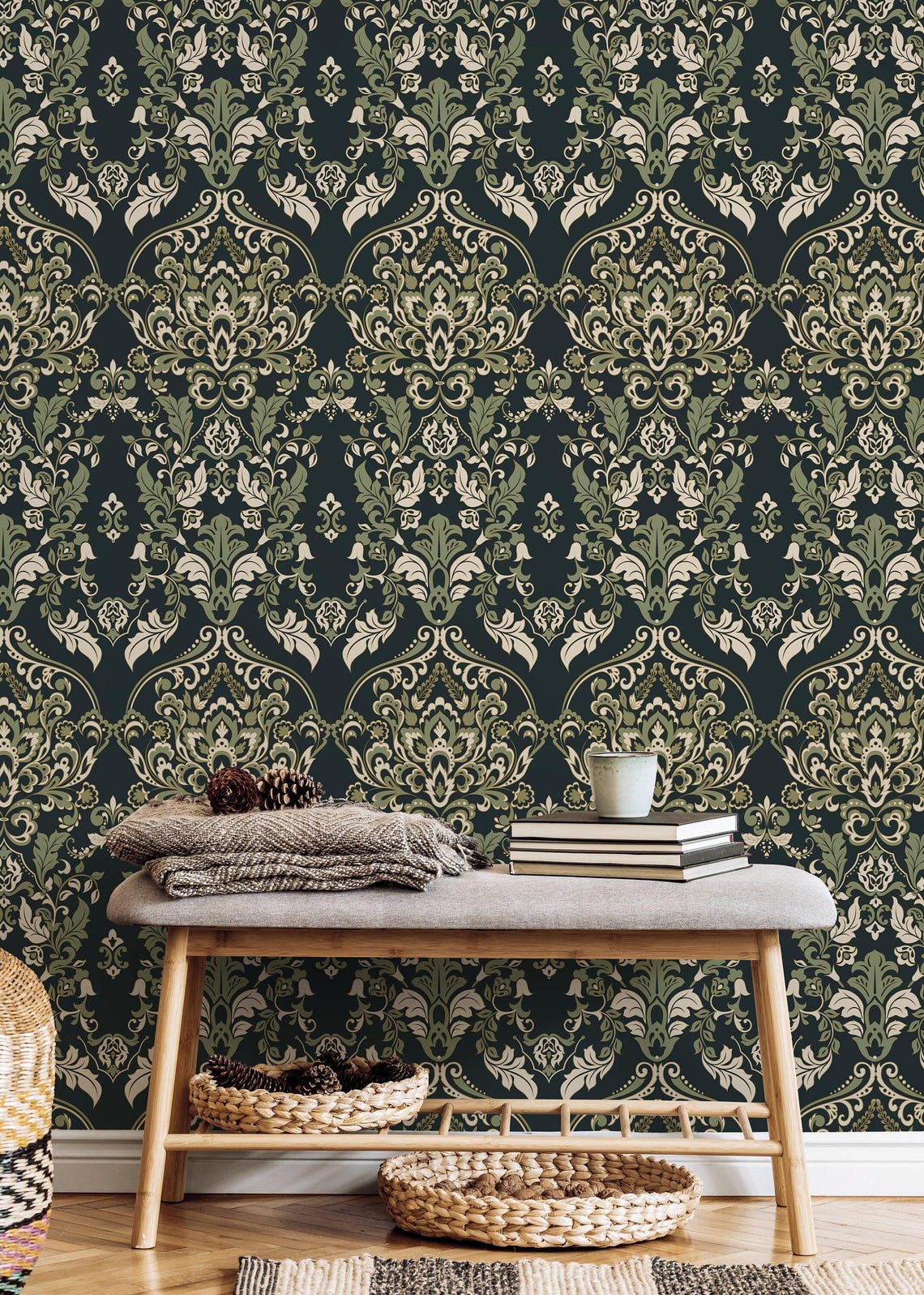Green Damask Vintage Scroll Botanical Baroque Wallpaper - D077 - Etsy