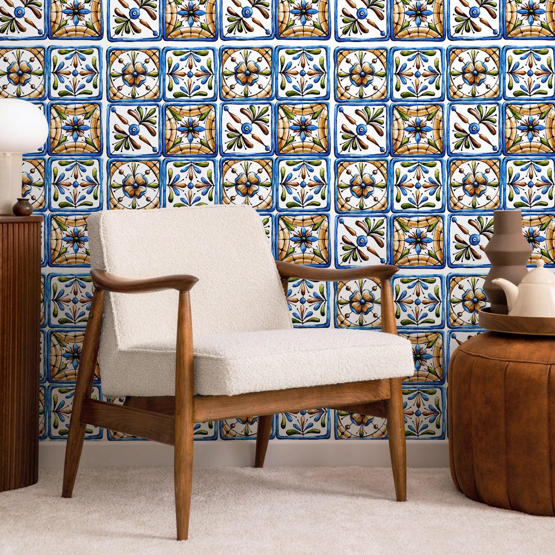 Mediterranean Tile Blue Green Wallpaper - A381 - Etsy