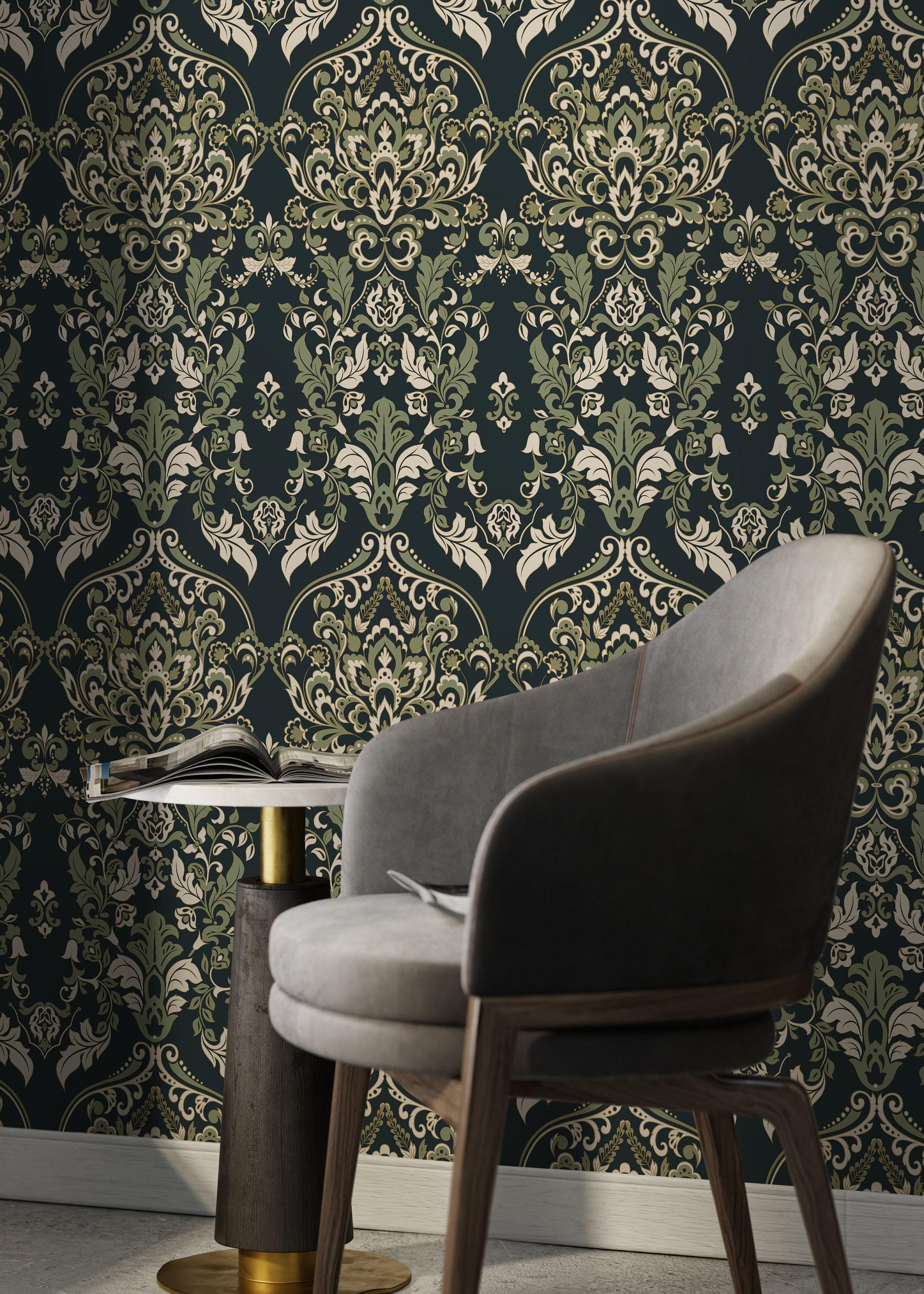 Green Damask Vintage Scroll Botanical Baroque Wallpaper - D077 - Etsy