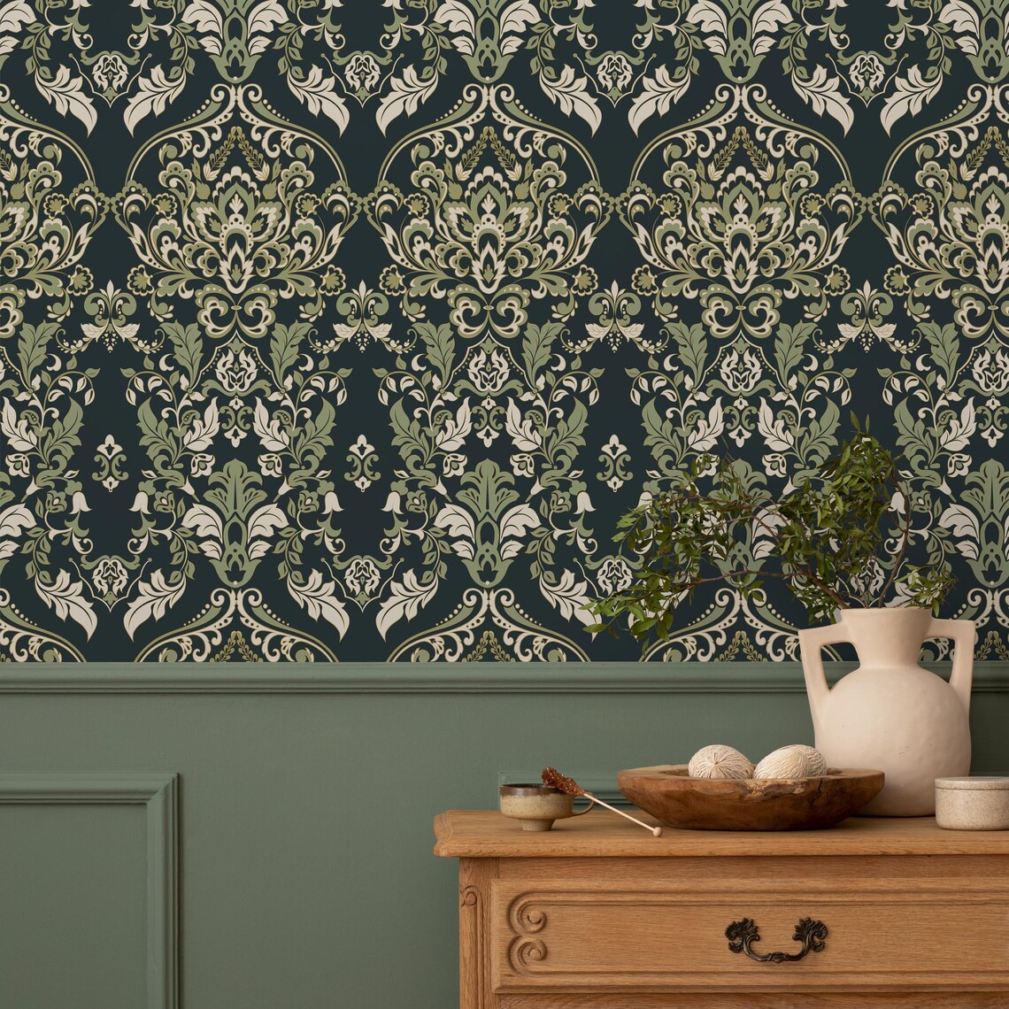 Green Damask Vintage Scroll Botanical Baroque Wallpaper - D077 - Etsy