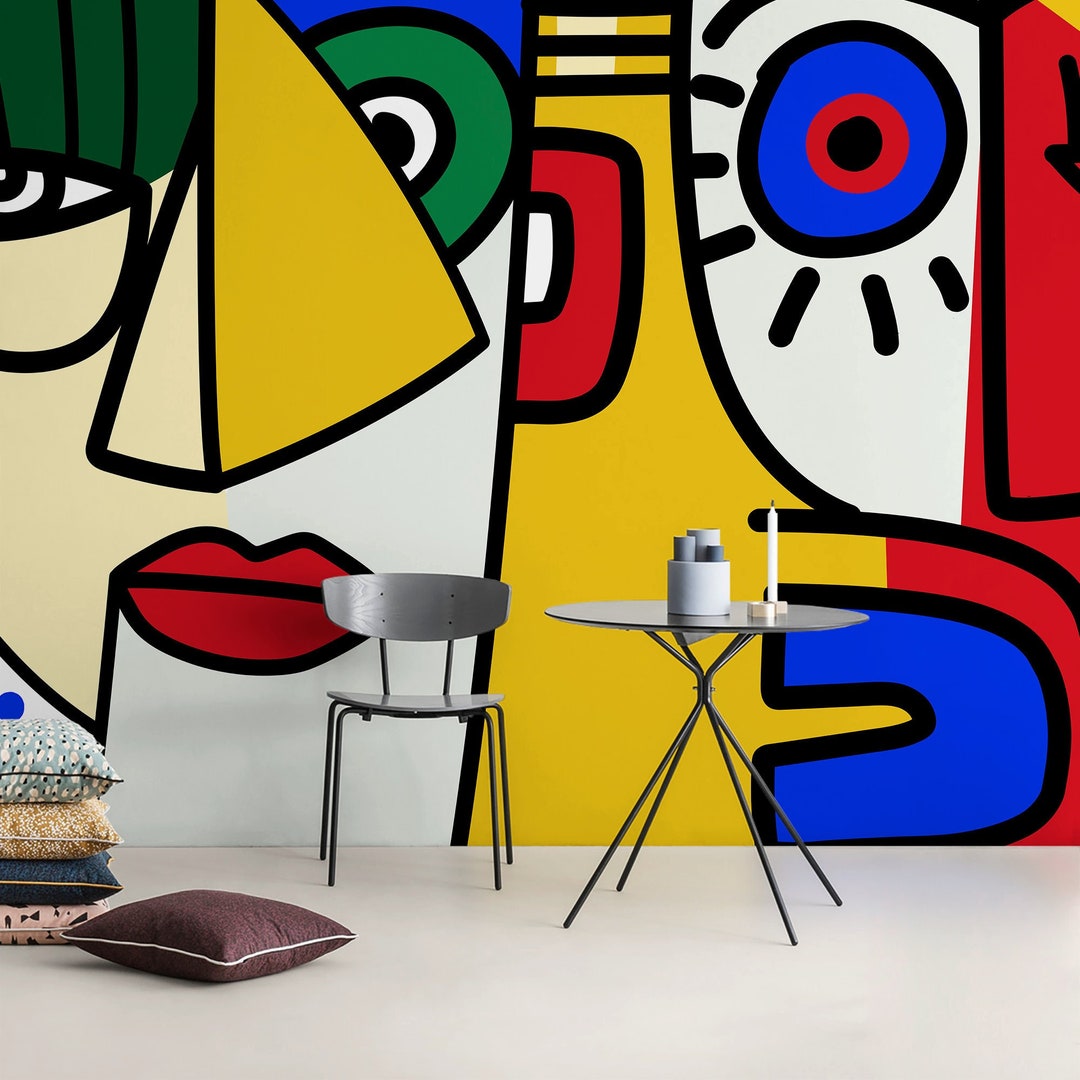 Cubism Wallpaper in Yellow, Blue, and Red on Cream - Peel and Stick ...