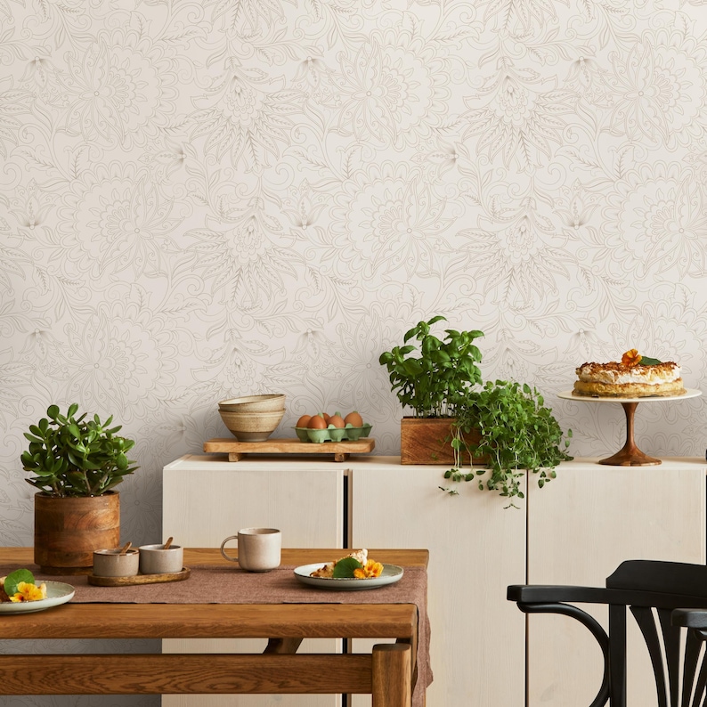 Light Tan Floral Minimal Outline Elegant Neutral Wallpaper - D082 - Etsy