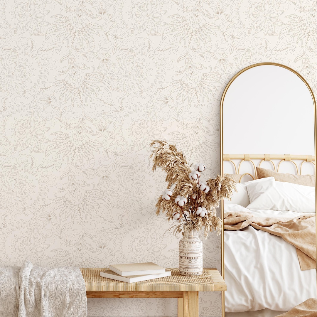 Light Tan Floral Minimal Outline Elegant Neutral Wallpaper - D082 - Etsy