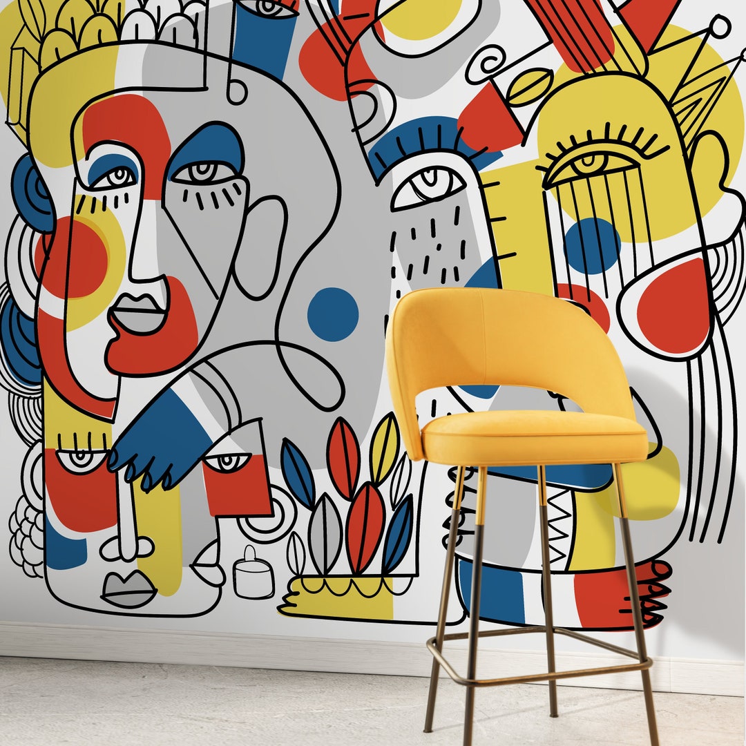 Unique Line Art Faces Wallpaper Abstract Mural Peel and Stick Wallpaper ...