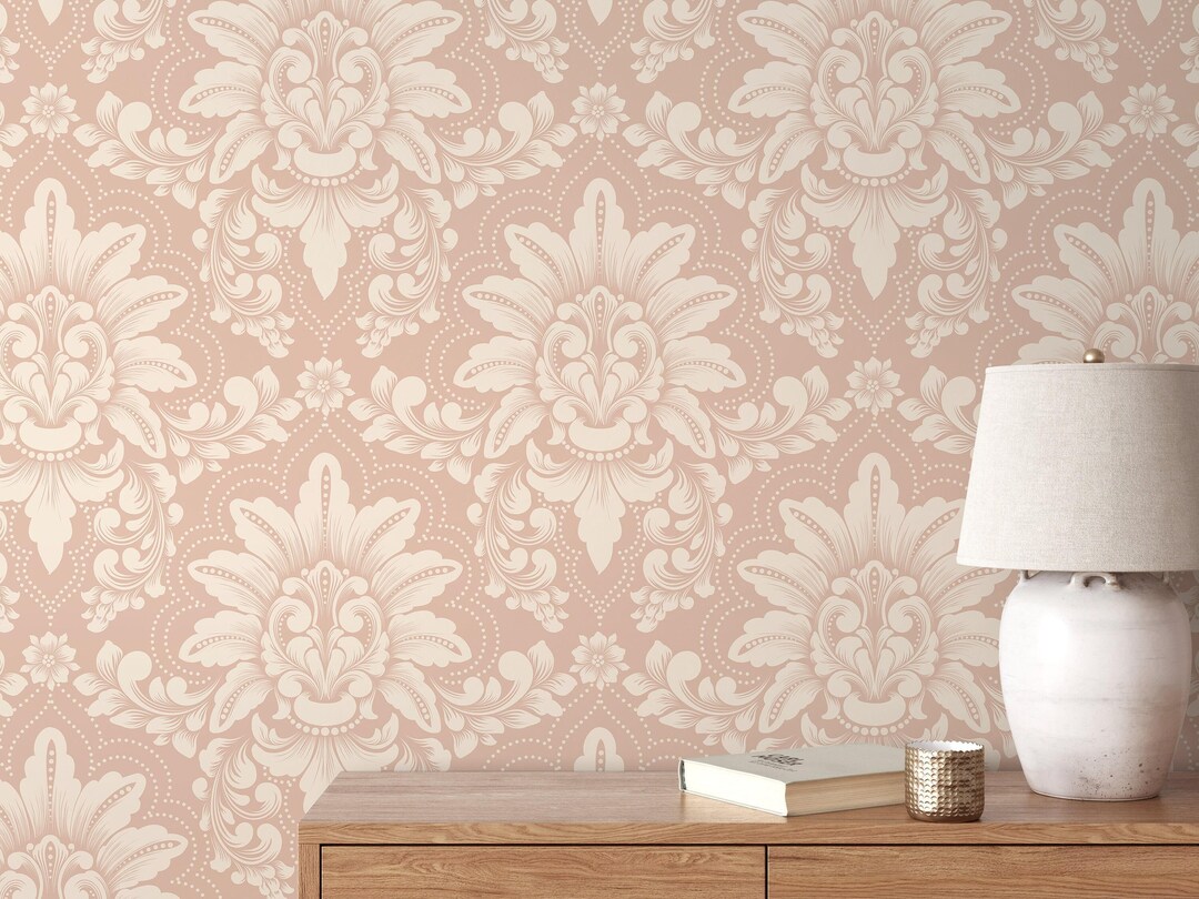 Damask Wallpaper With an Intricate Baroque Pattern in Pink and Beige ...