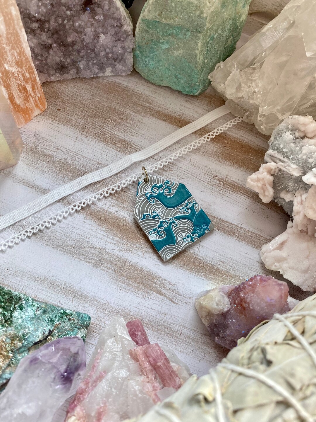 WATER TRIBE - White Lacey Choker With Water Art Pendant - Etsy