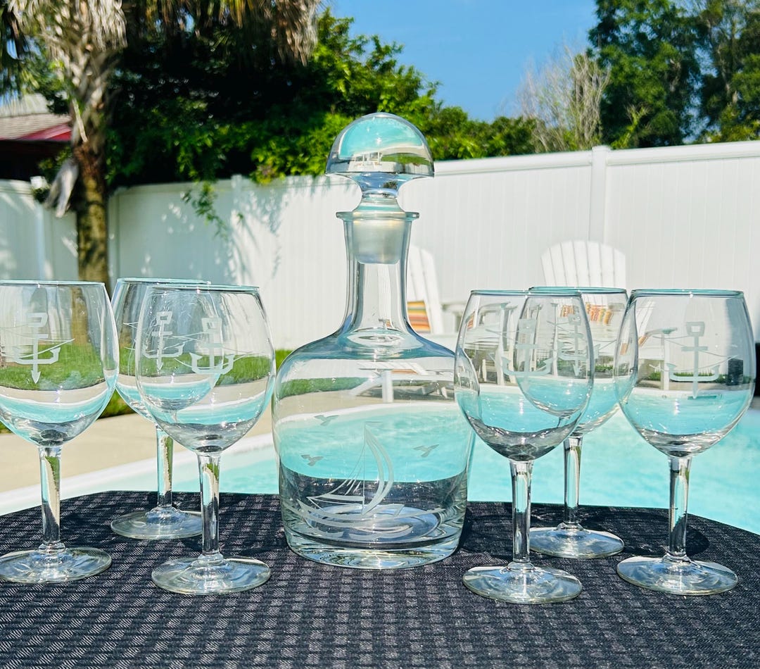 Vintage Etched Nautical Wine Decanter Set: Ship & Anchor Glasses - Etsy
