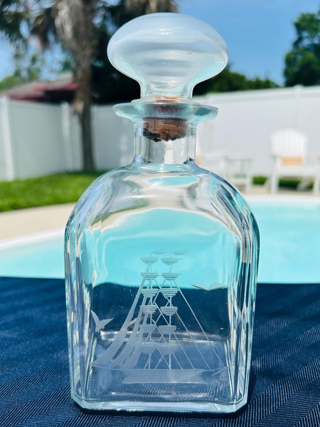 Vintage Liquor Bottle/decanter Nautical Etched Sailboat With Original ...