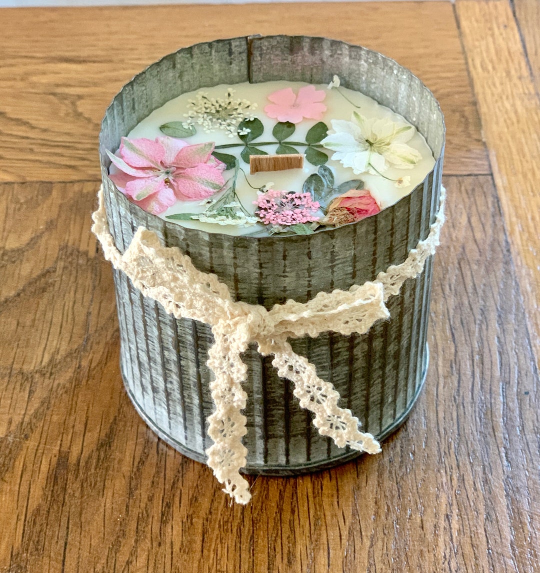 Rustic Beeswax Candle: Pink Botanicals, Crackling Wood Wick, Essential ...