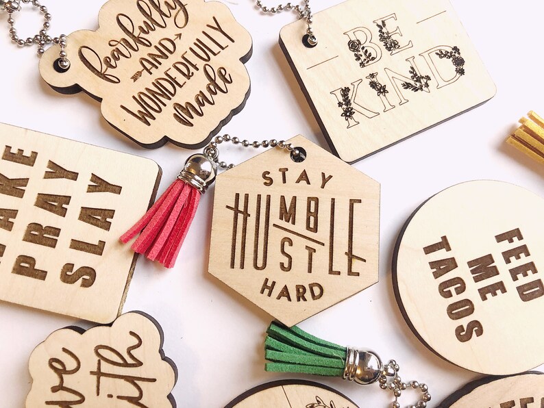 Stay Humble Hustle Hard Keychain // Wood Engraved Tassel - Etsy