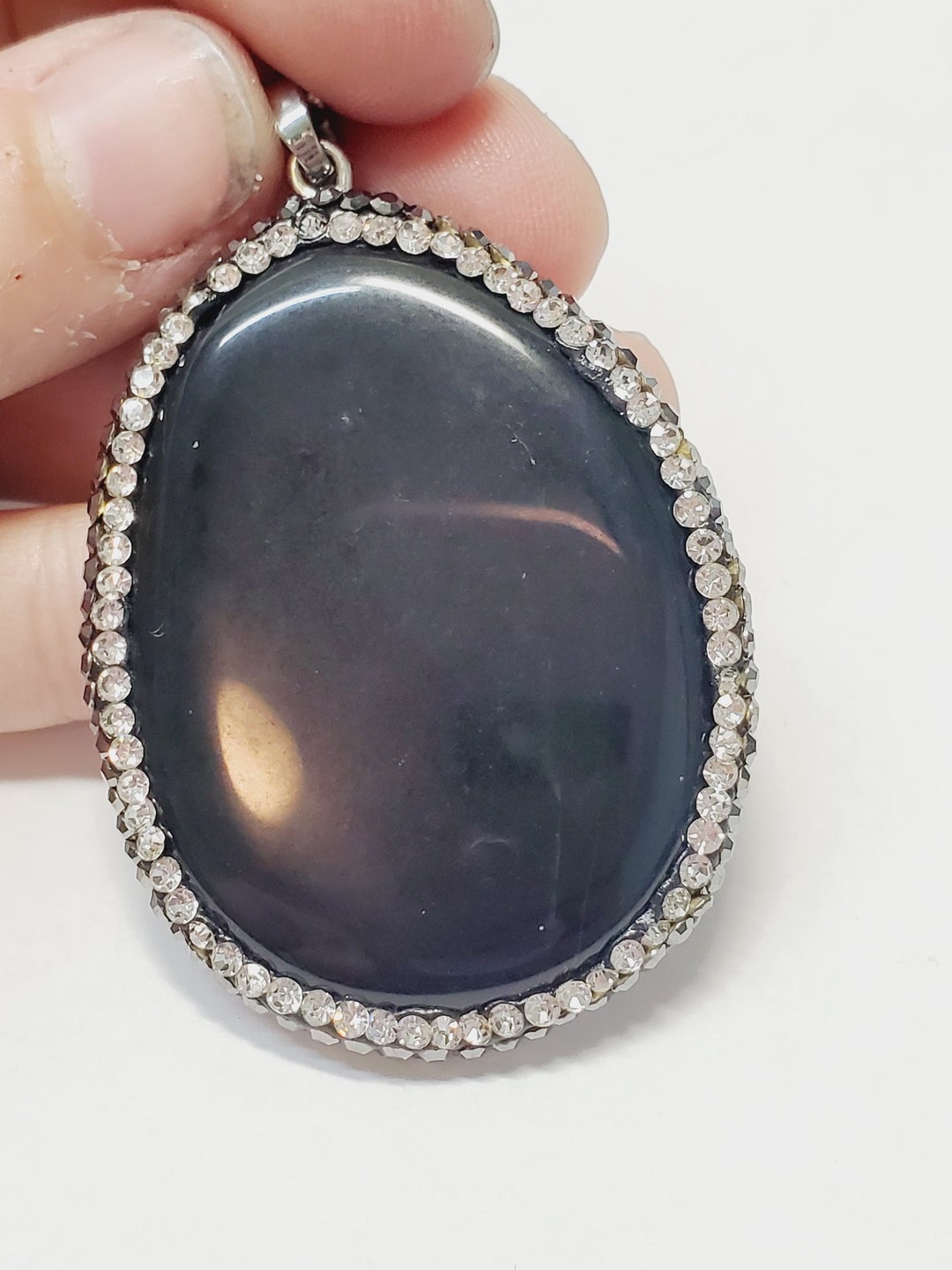 Rhinestone Encrusted Black Agate Gemstone Pendant - Etsy
