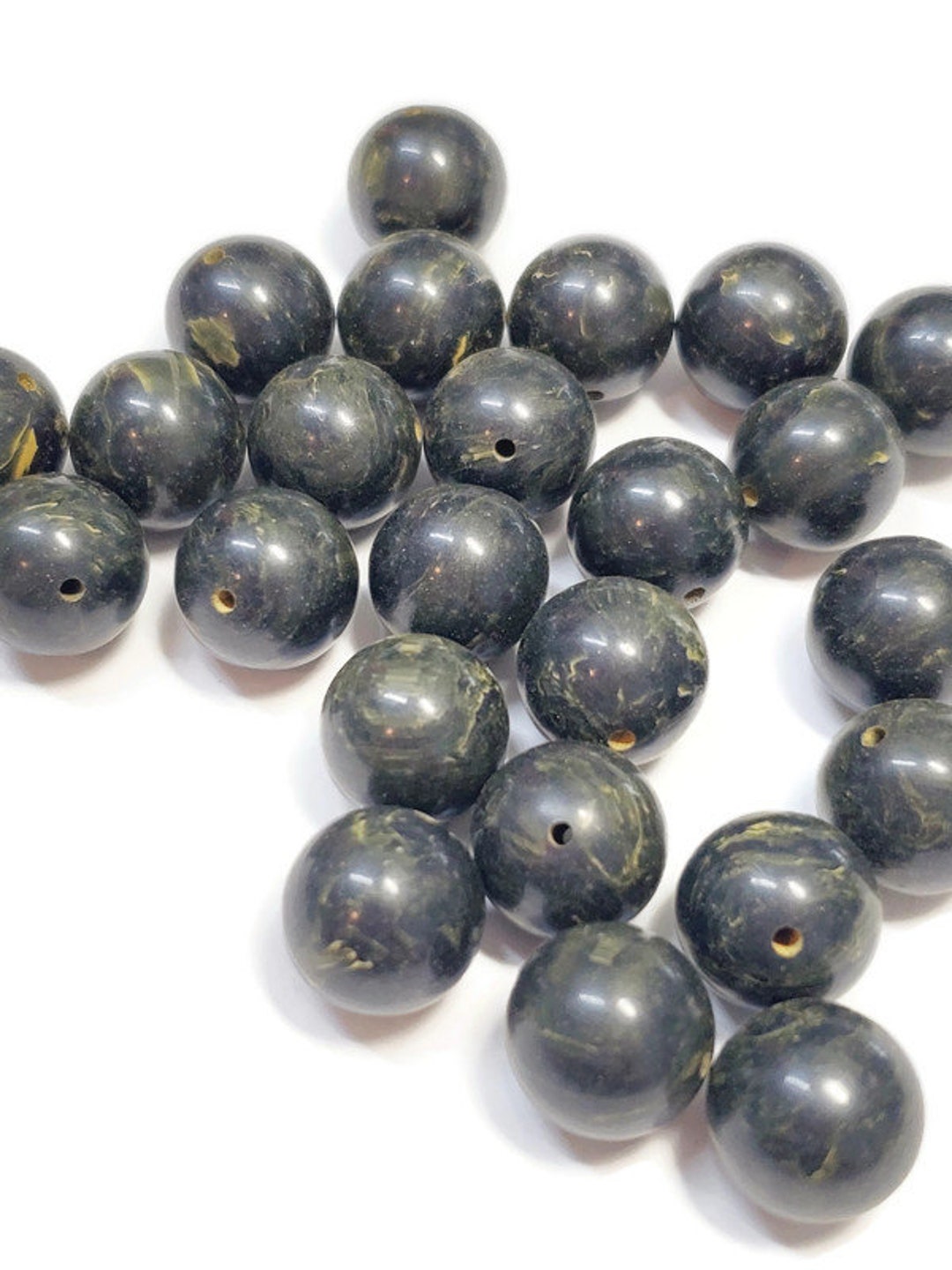 Black and Mustard Yellow Swirl Marbled Drilled Bakelite Beads, Genuine ...