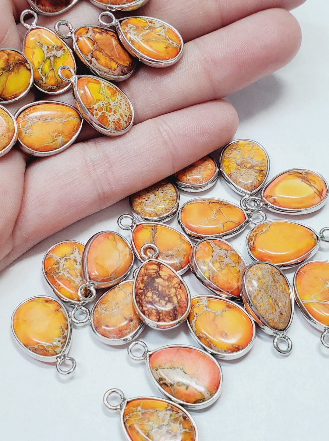 Silver Plated Orange Sea Sediment Imperial Jasper Teardrop Pendant, 1pc ...