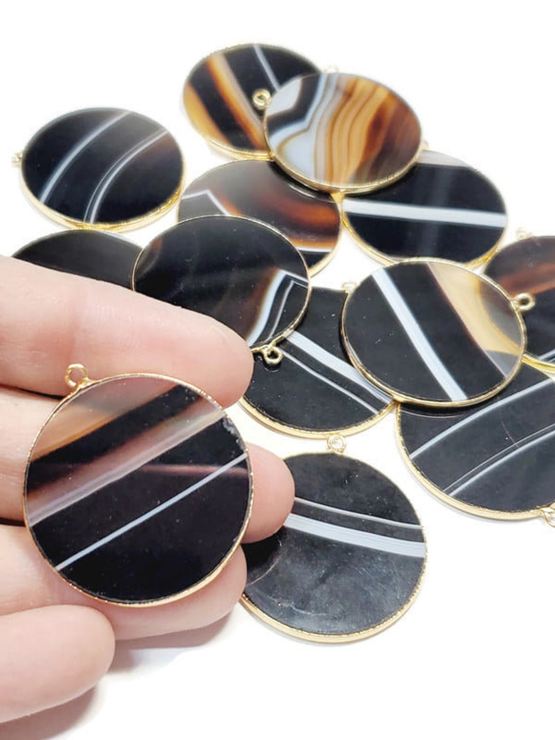 30mm Gold Plated Banded Onyx Flat Disc Pendant - Etsy