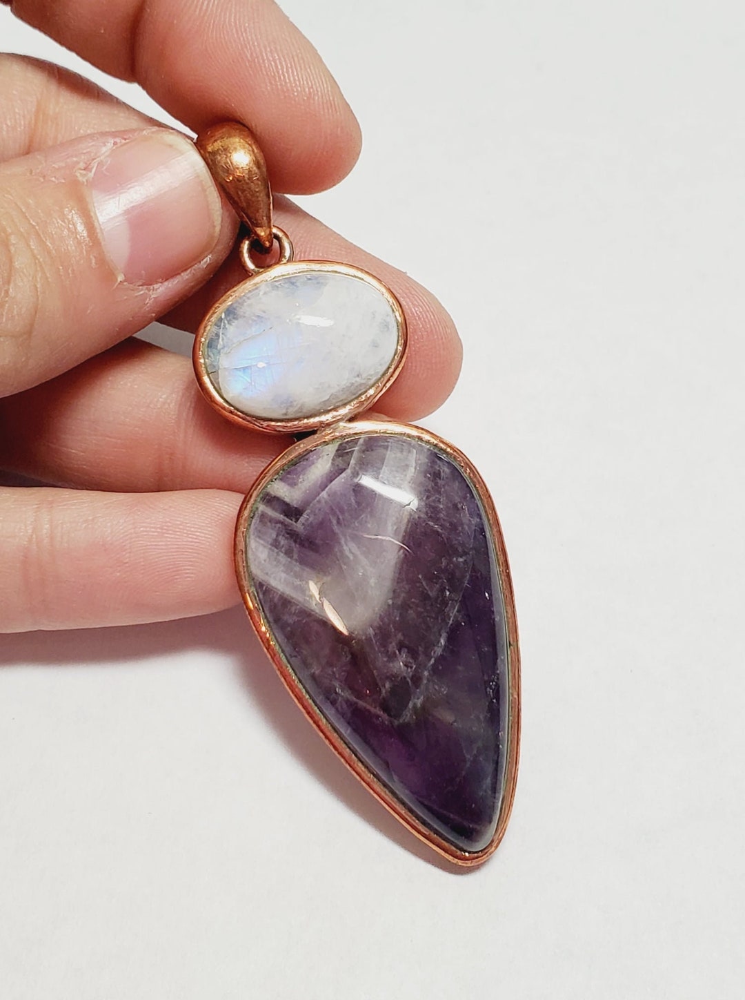 Solid Copper High Flash Rainbow Moonstone and Amethyst Genuine Gemstone ...