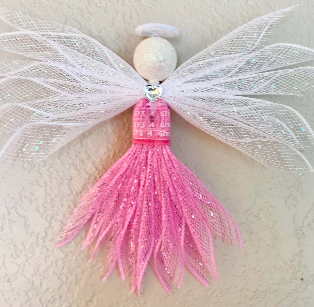 Small Deco Mesh Angel, Pink Angel, Angel Decor, Baby Shower Gift, It's ...